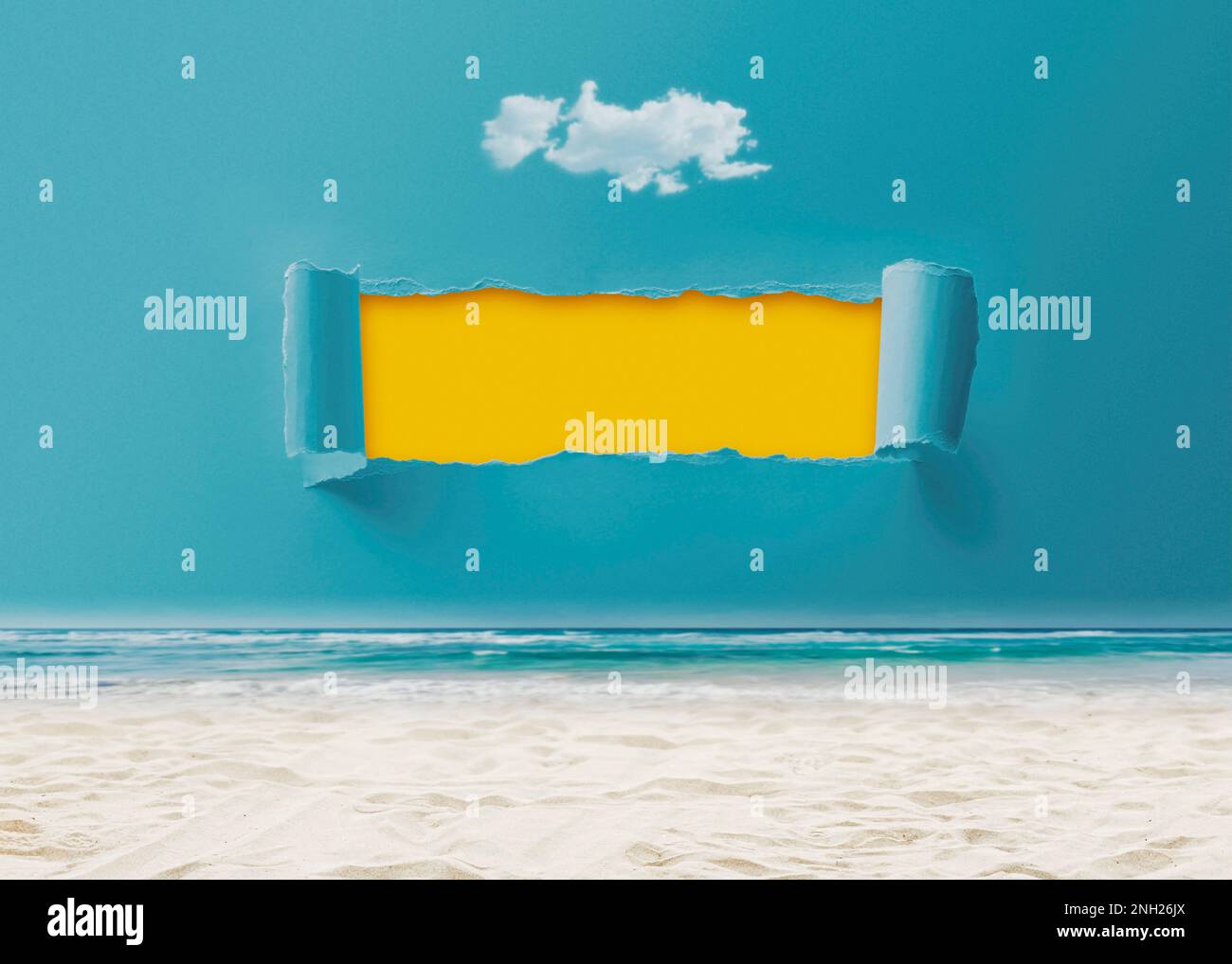 Beach shoreline and ripped hole in the blue sky with copy space Stock ...