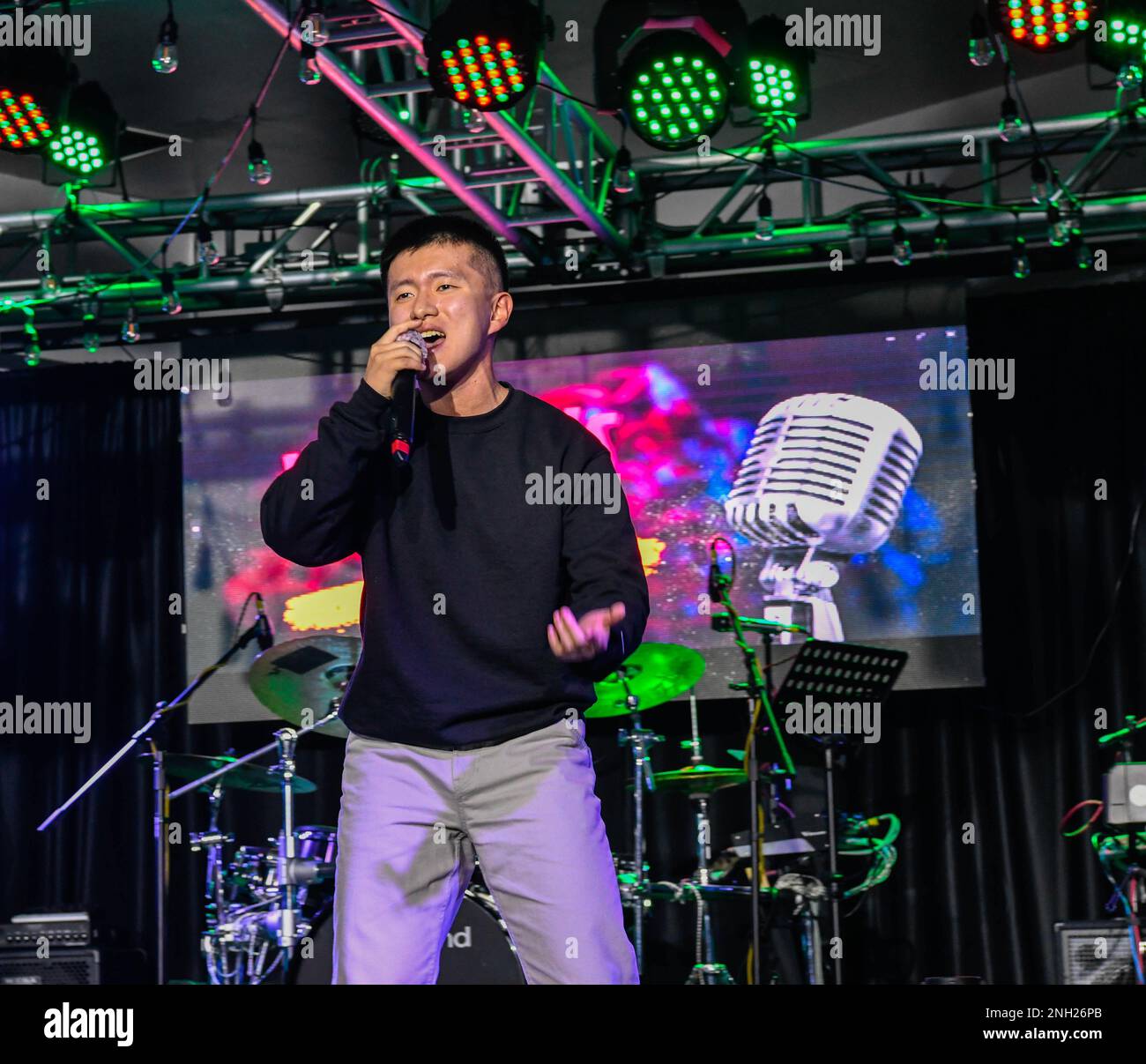 Pfc. Seung Jun Han sings a song during the KATUSA’s Got Talent ...