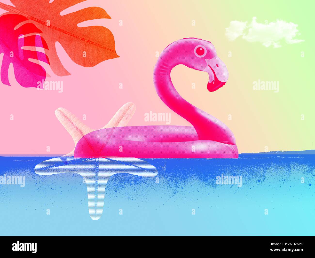 Summer vacations collage: pink flamingo inflatable floating on the sea ...