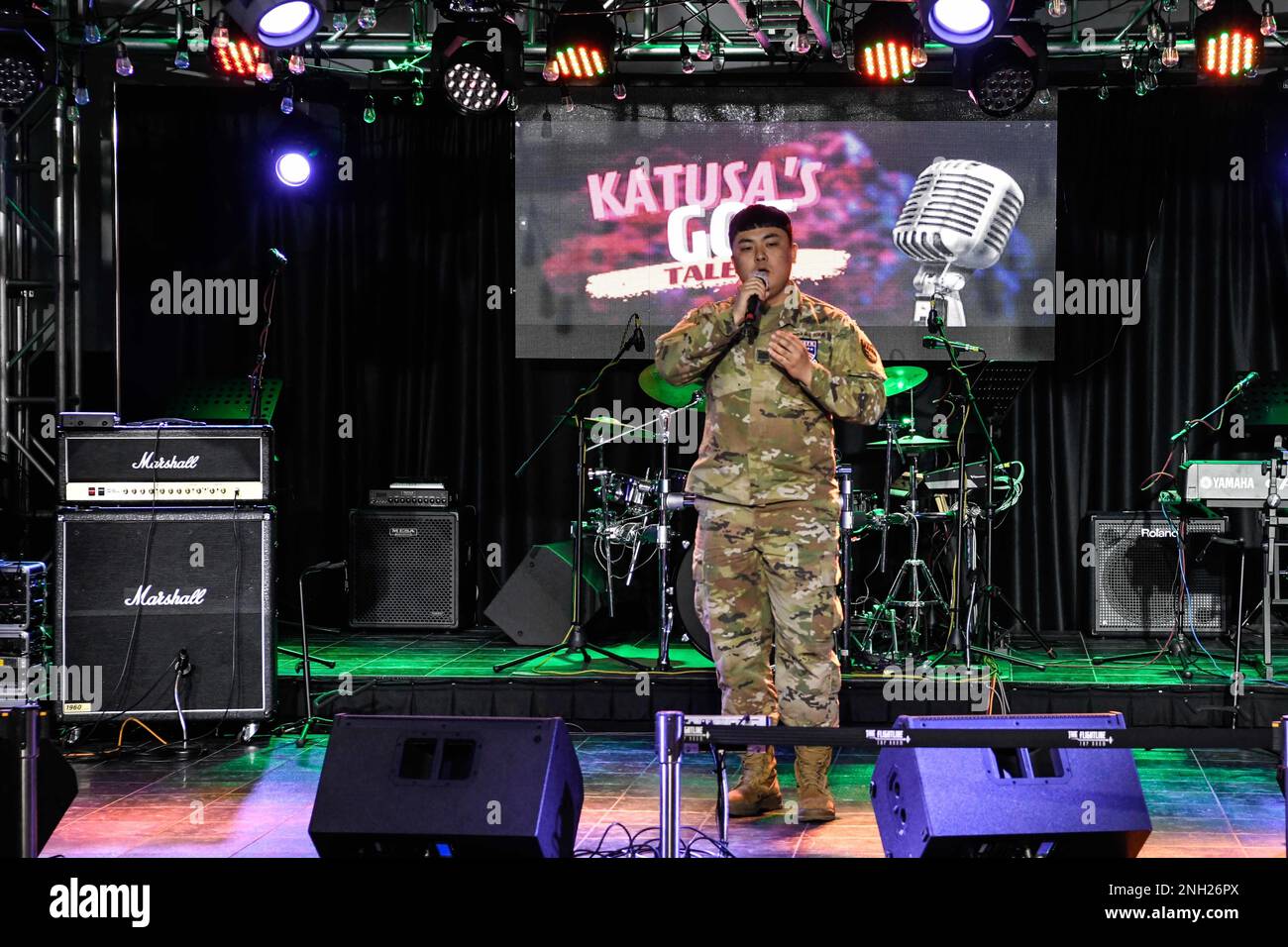 Cpl. Seung Ho Huh sings a song during the KATUSA’s Got Talent ...