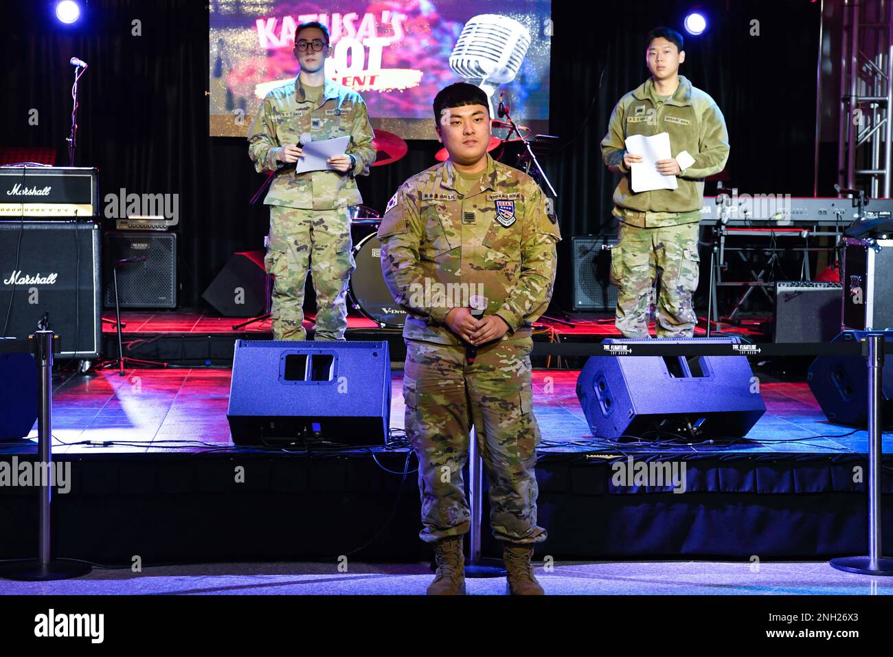 Cpl. Seung Ho Huh receives critiques from the panel of judges at the ...