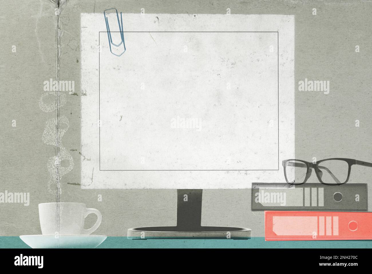 Business desktop with computer and objects, vintage collage poster ...