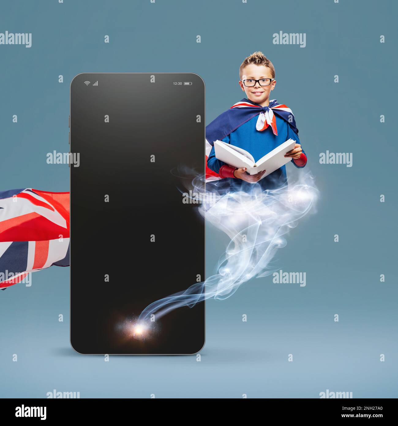 Superhero student boy learning English online, he is appearing like a ...