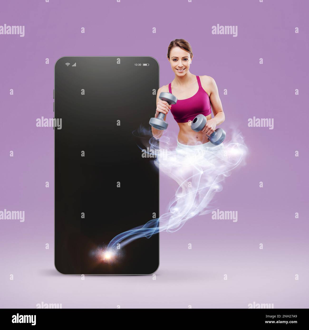 Fit sporty woman holding dumbbells and appearing like a genie, she is ...