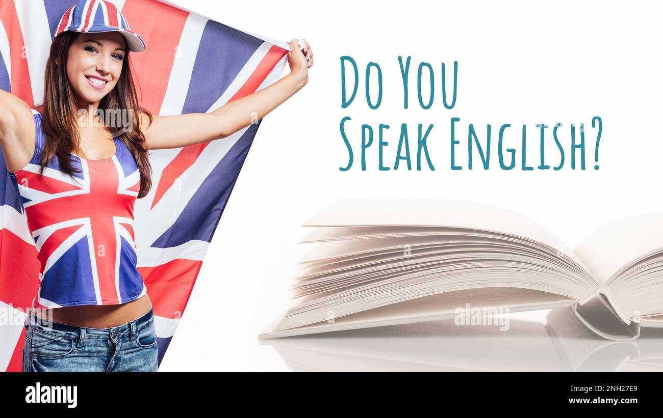 Happy beautiful female student learning English and book, language ...