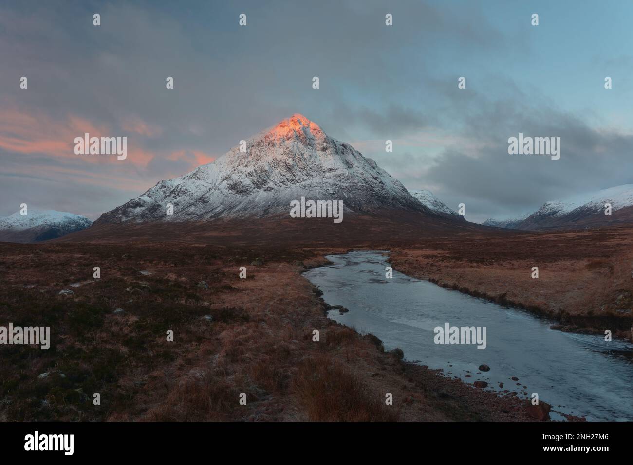 Landscape of the snowcapped Buachaille Etive Mor mountain and the Coe ...