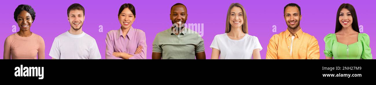 Smiling young men and women on purple, set of avatars Stock Photo - Alamy