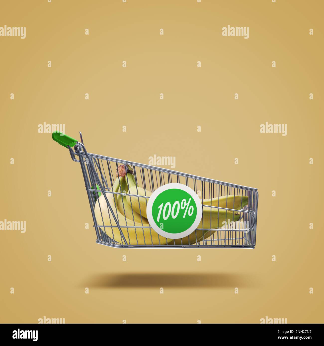 Flying shopping cart with fresh bananas, organic fruit and grocery ...