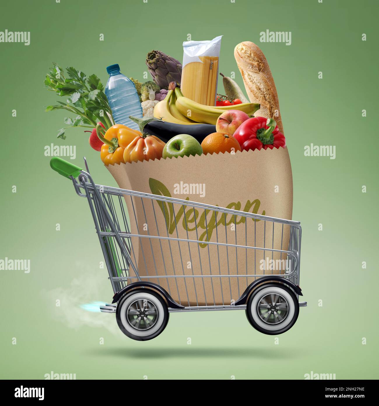 Fast rocket-propelled shopping cart delivering vegan groceries, online ...