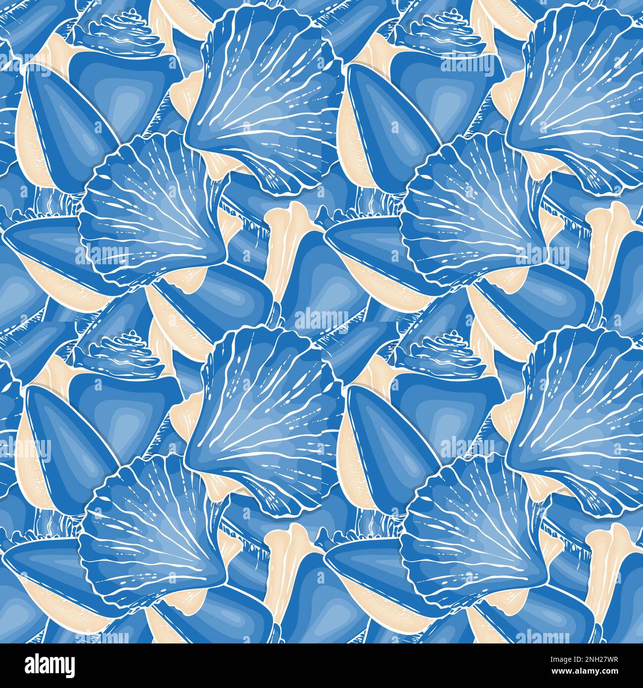 Pattern Seashell hand drawn doodle drawing, blue and beige colors ...