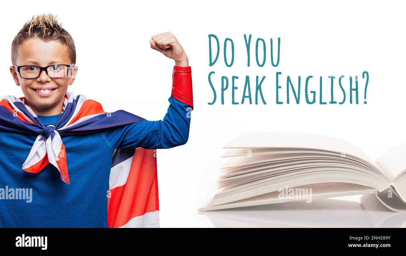 Happy superhero student learning English at school and open book Stock ...