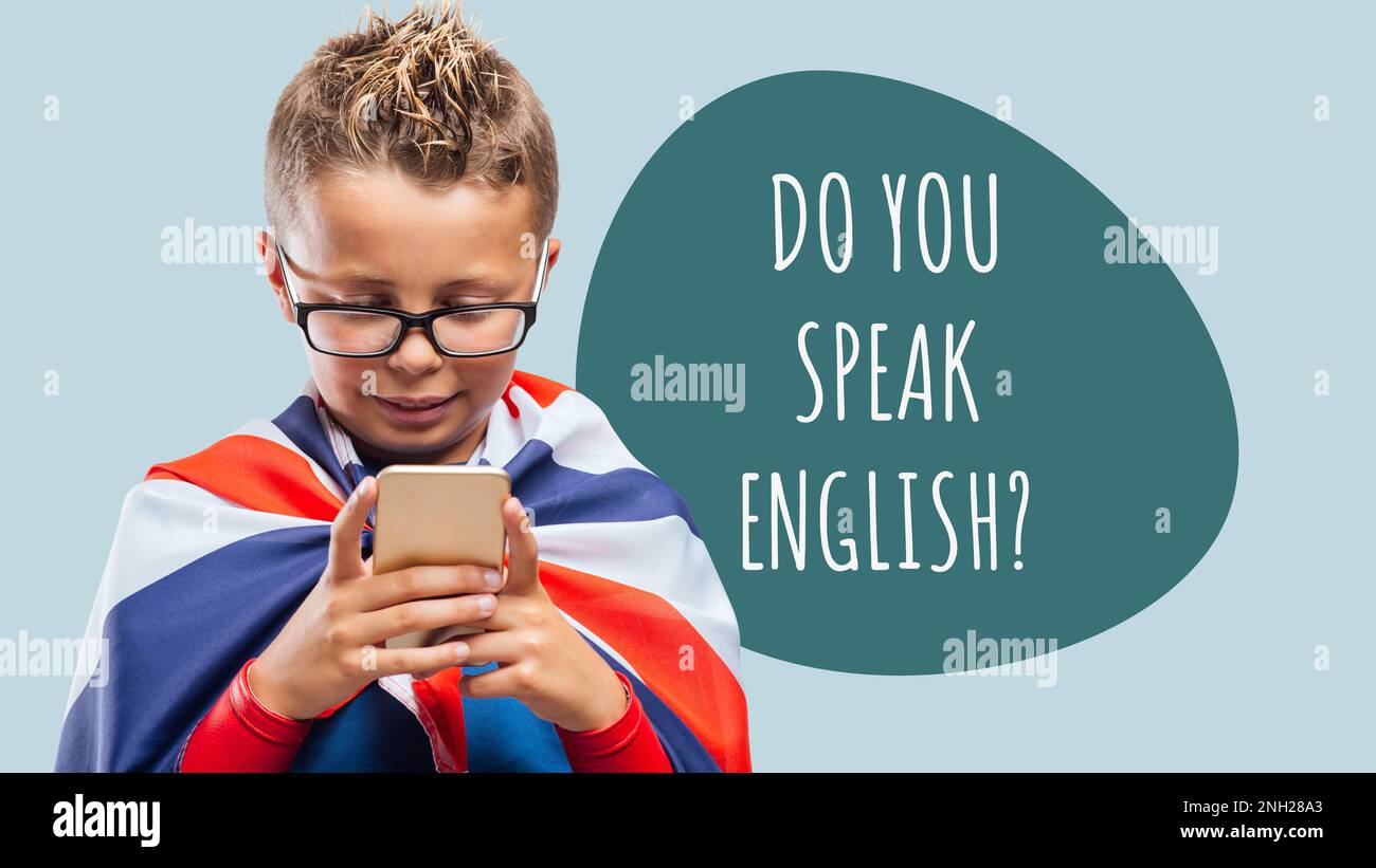 Student boy wearing a UK flag as superhero cape and learning English ...