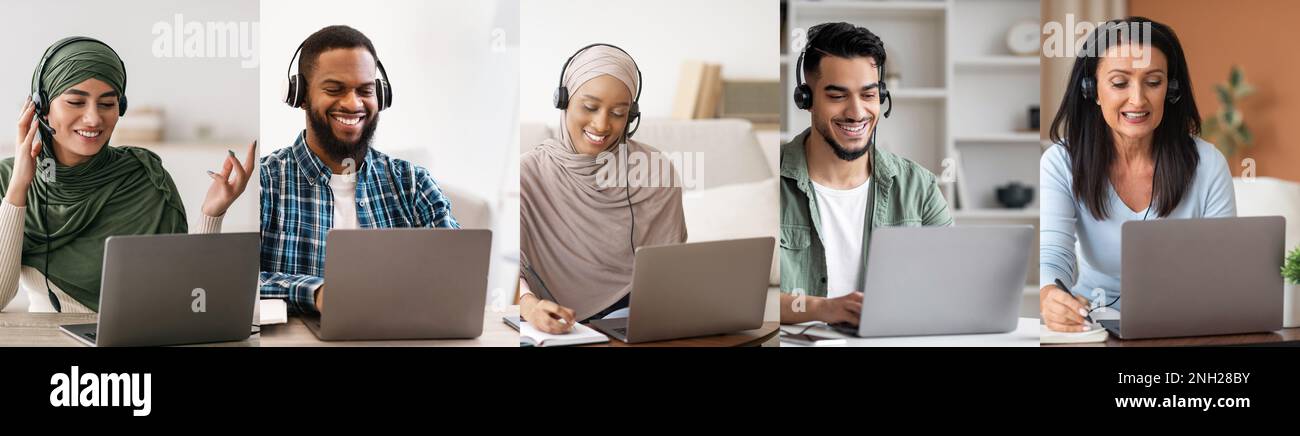 Multiracial people working from home, using computer and headset ...
