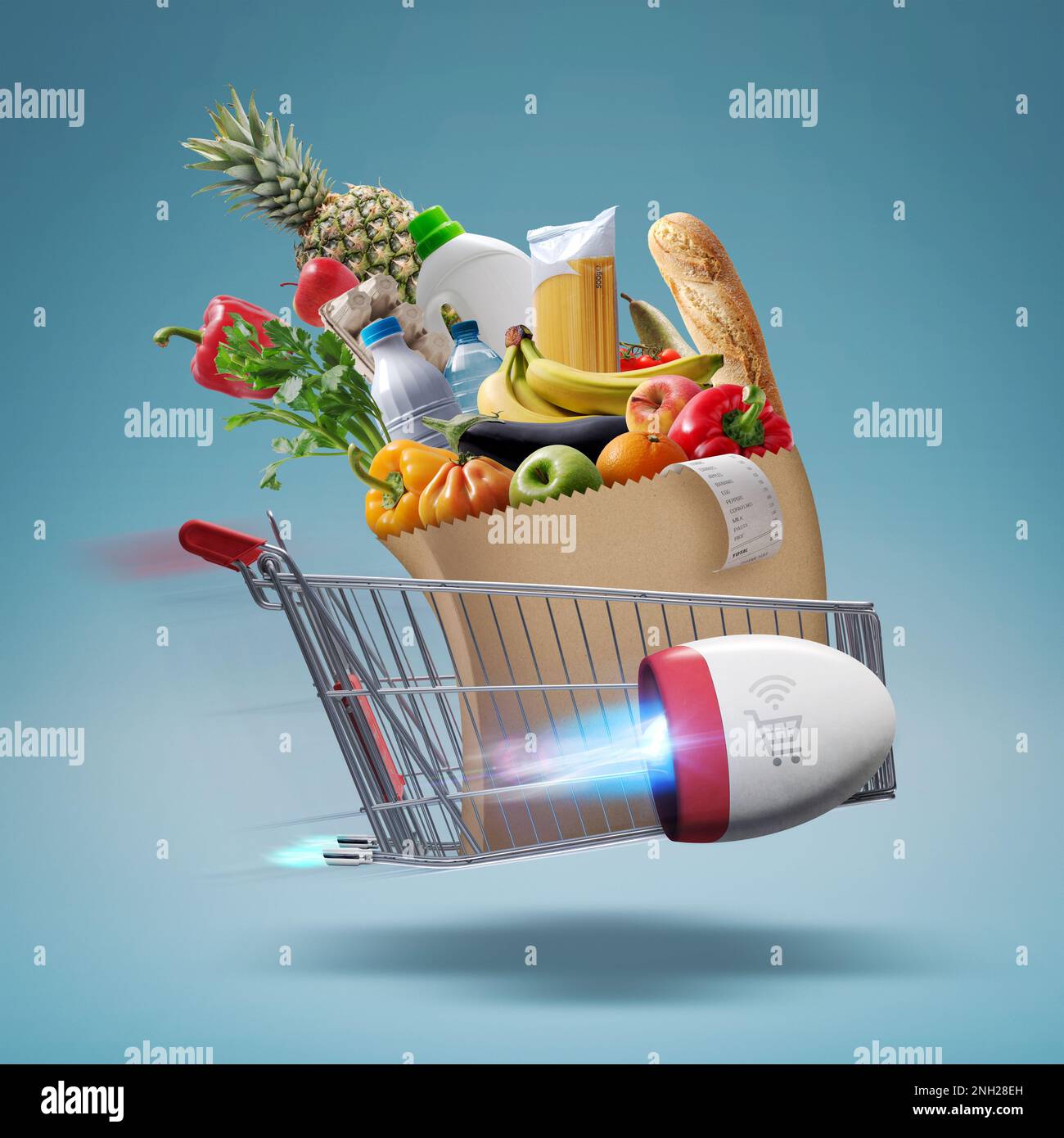 Fast rocket-propelled shopping cart flying and delivering fresh ...