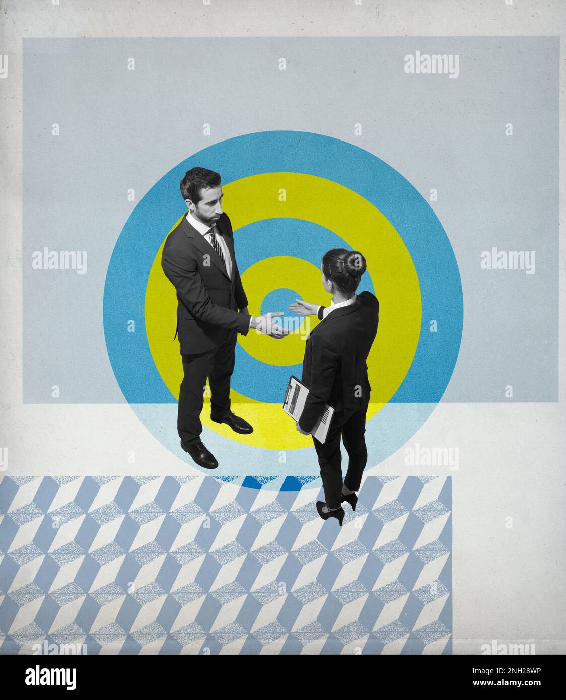 Business people shaking hands and big target, recruitment and agreement ...