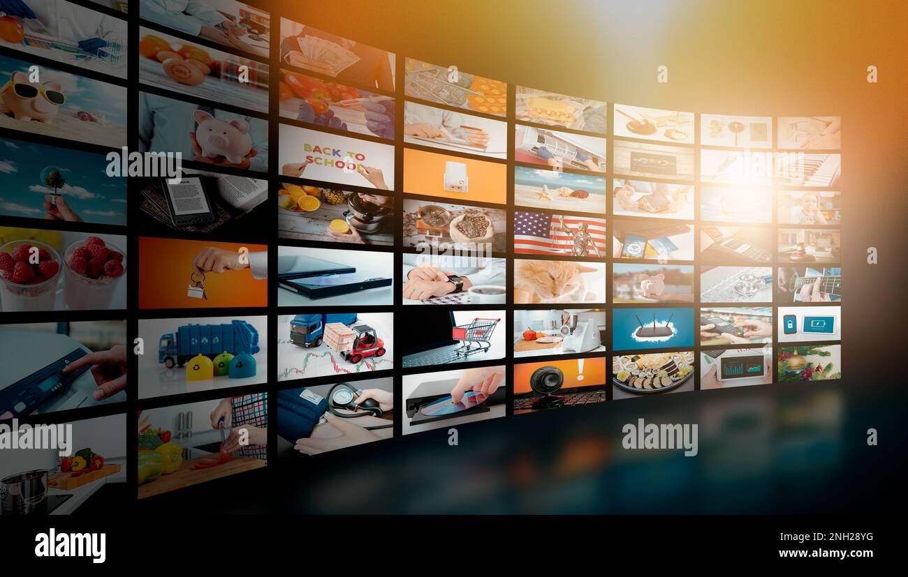 Television streaming, TV broadcast. Multimedia wall concept Stock Photo ...