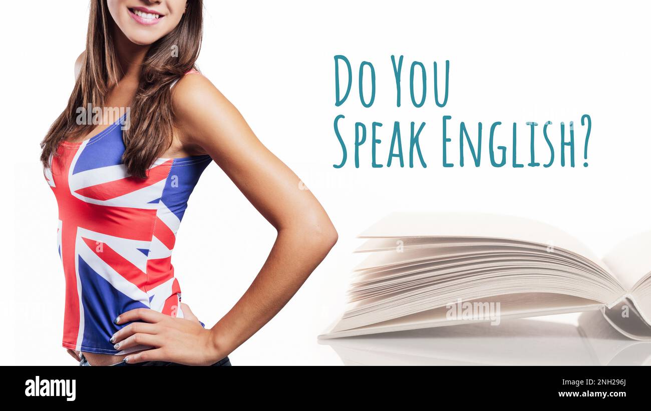 Happy beautiful female student learning English and book, language ...