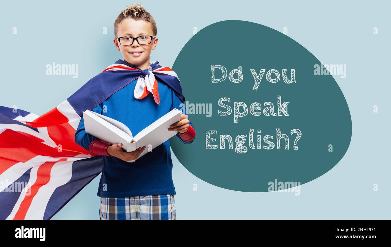 Superhero student boy holding a book and learning English Stock Photo ...
