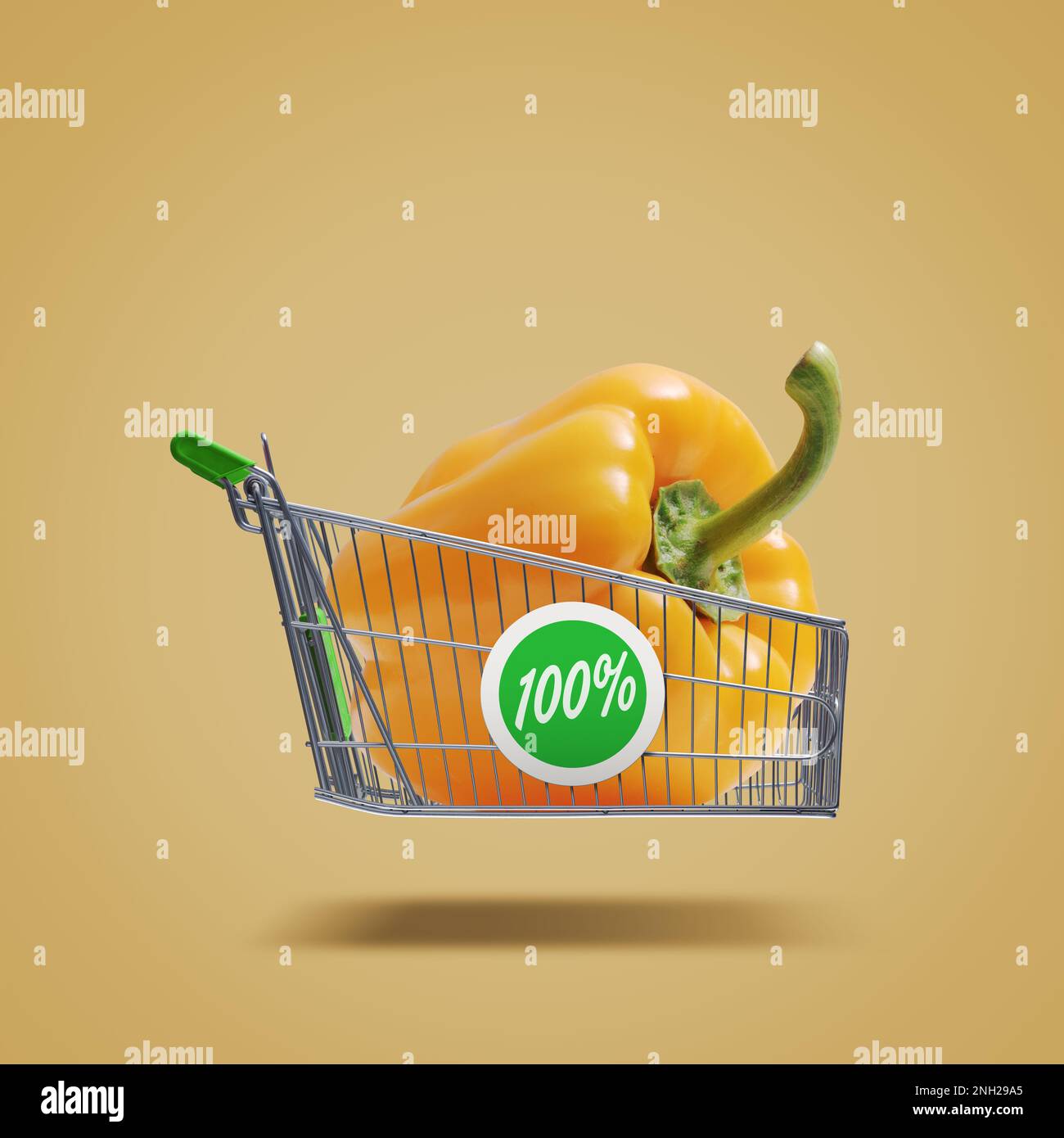 Flying shopping cart with fresh bell pepper, organic vegetables and ...