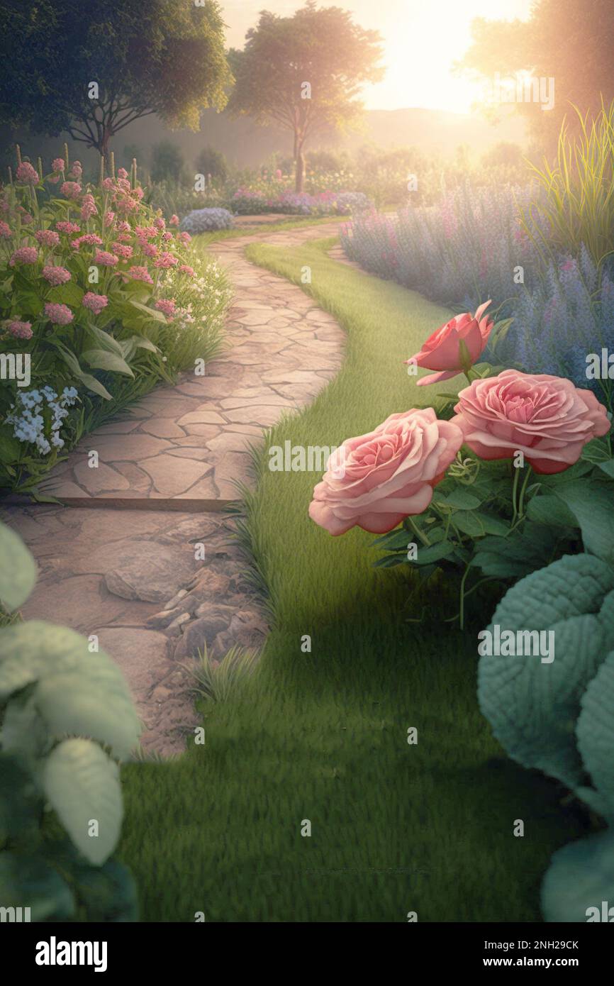 Landscaping of the garden with trimmed lawn grass, roses and flowers ...