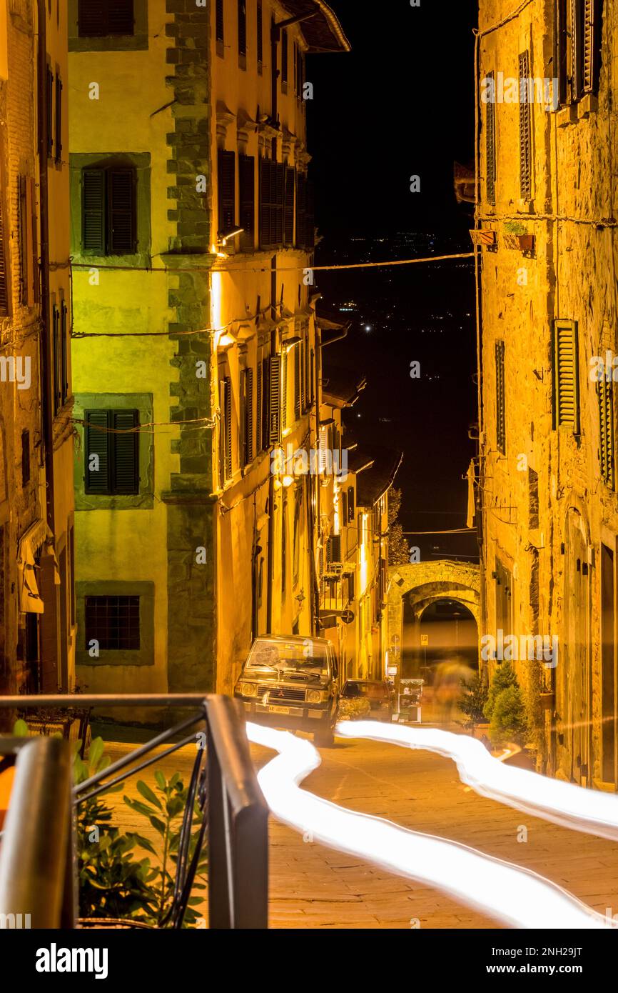 Tuscany, Italy. Night long exposure photograph with car trails, star ...