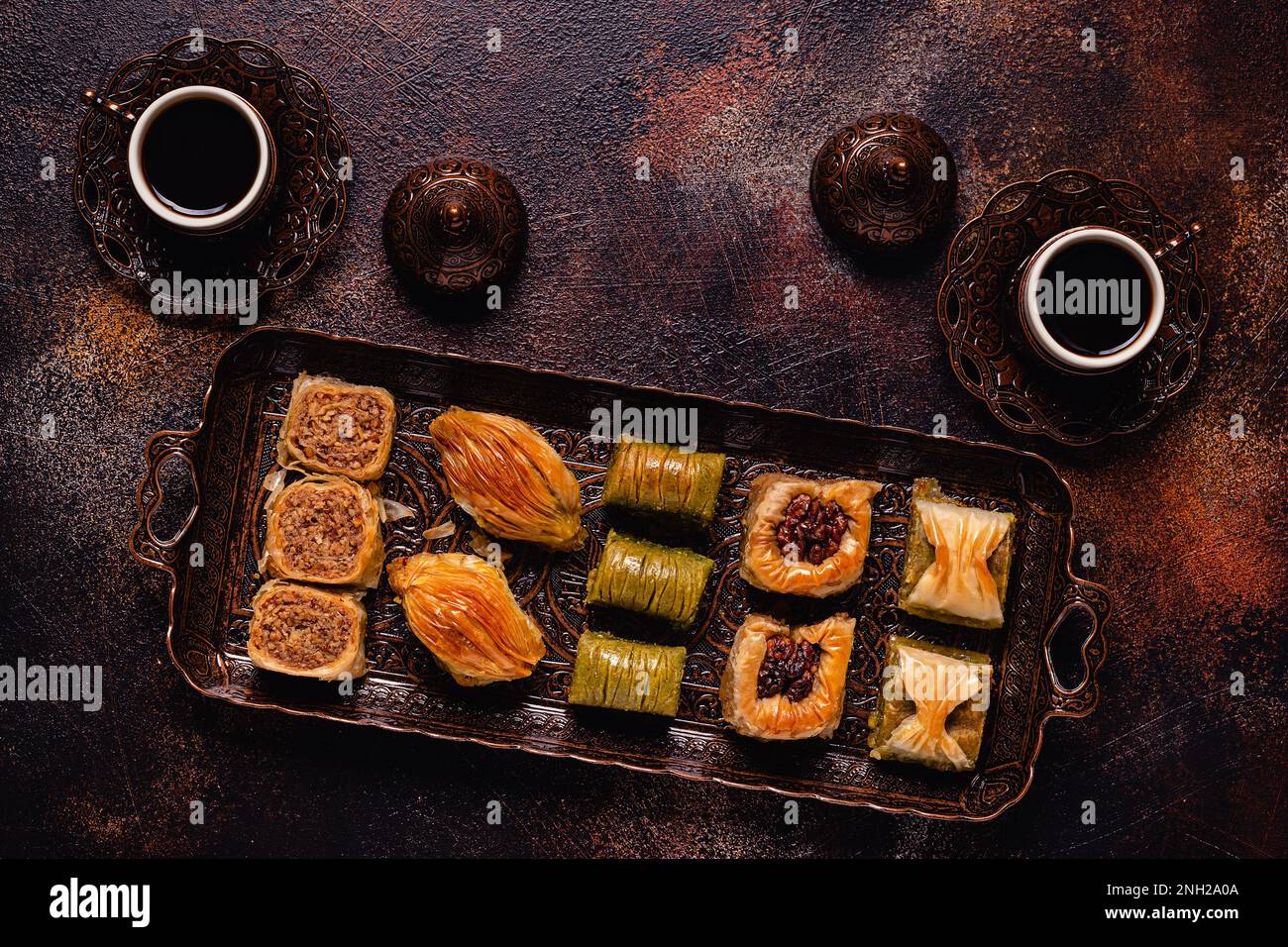 Traditional turkish, arabic sweets baklava assortment with Turkish ...