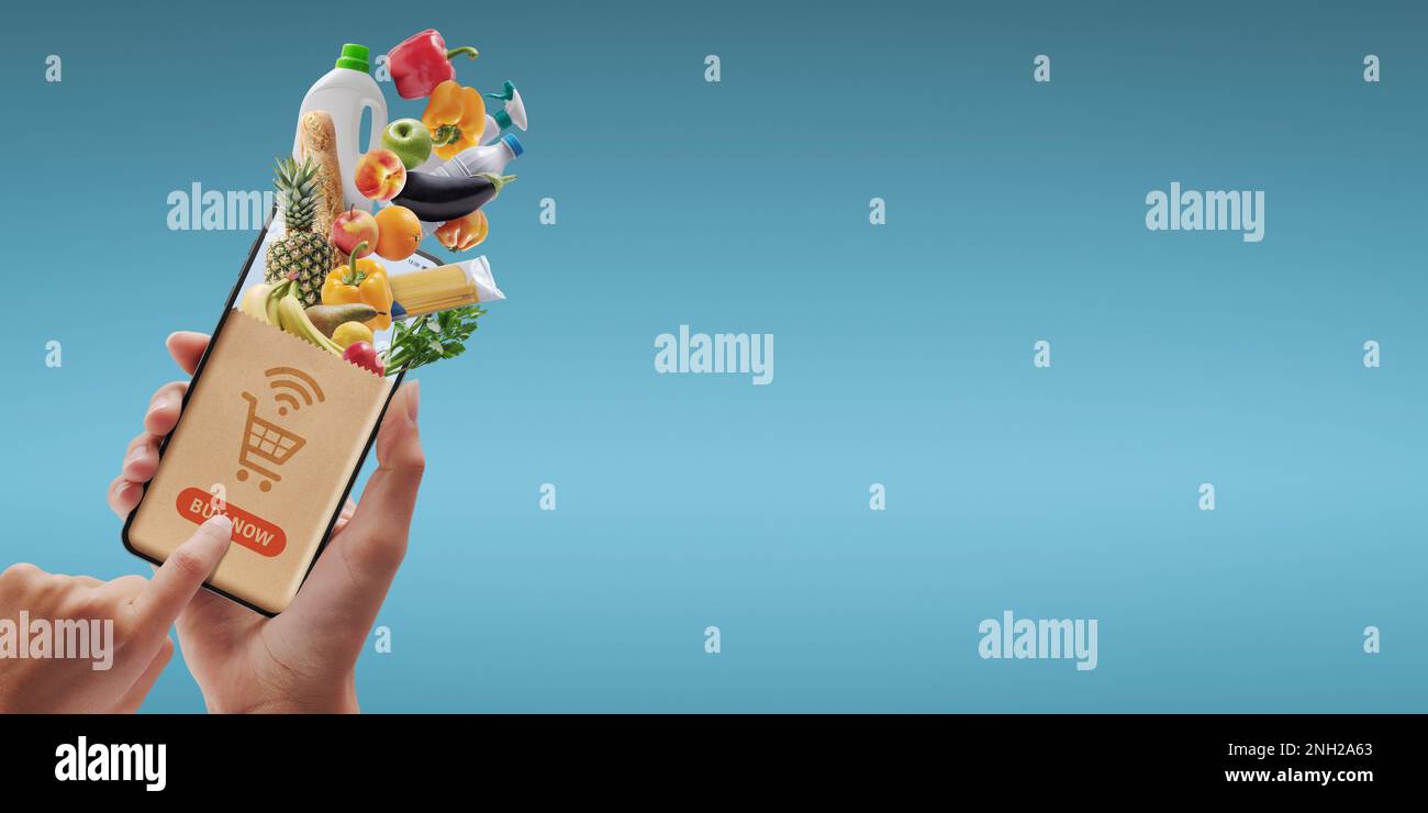 Online grocery shopping app: customer holding a smartphone and ordering ...