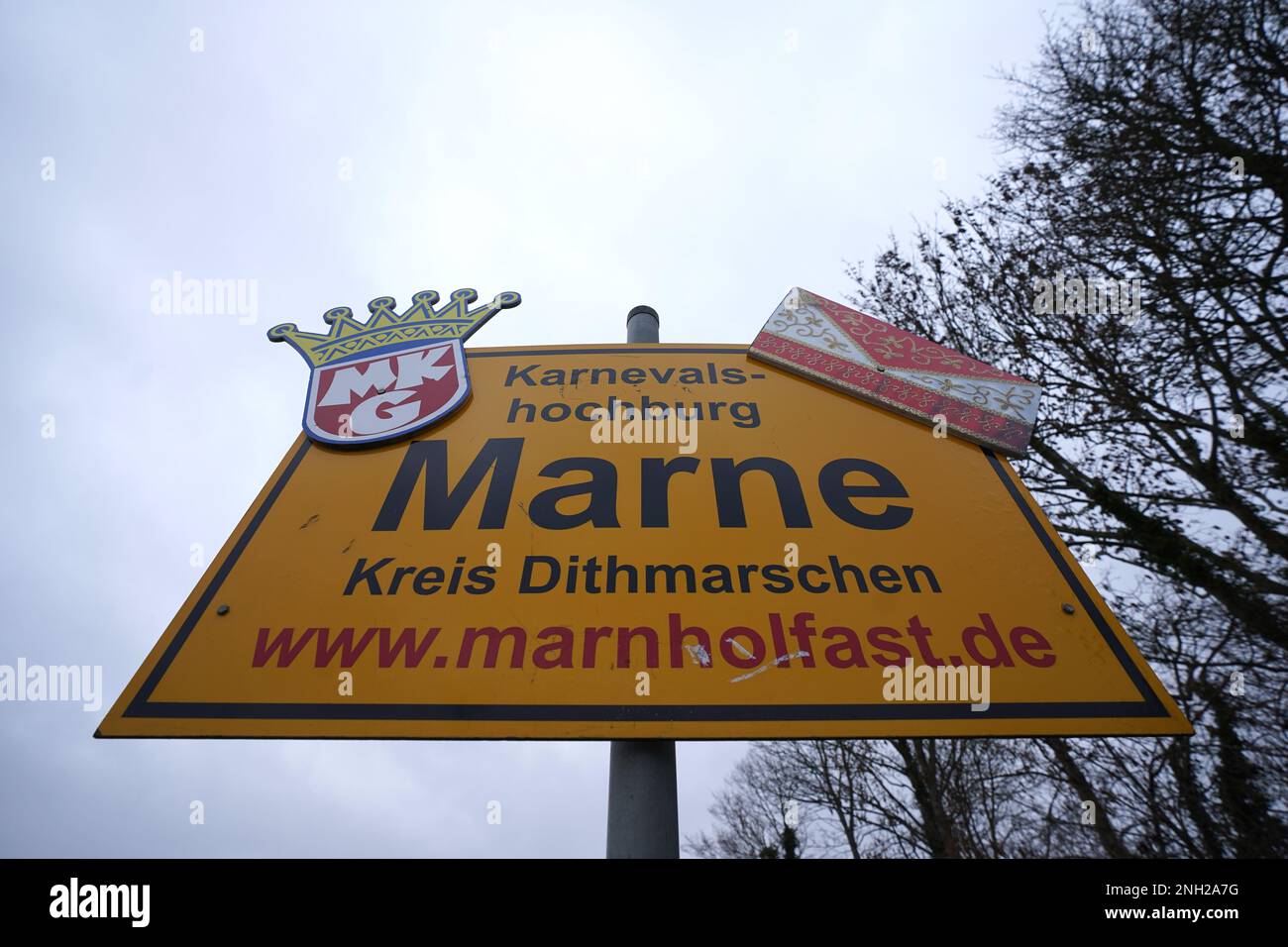 Marne, Germany. 20th Feb, 2023. An entrance sign to the town with ...