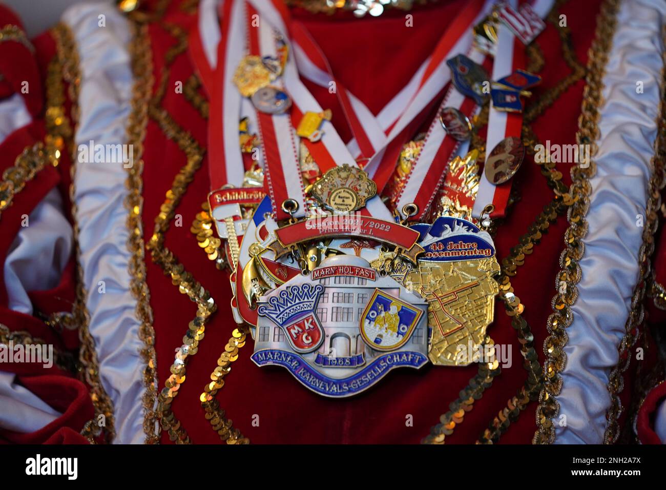Marne, Germany. 20th Feb, 2023. Numerous carnival medals are worn by ...