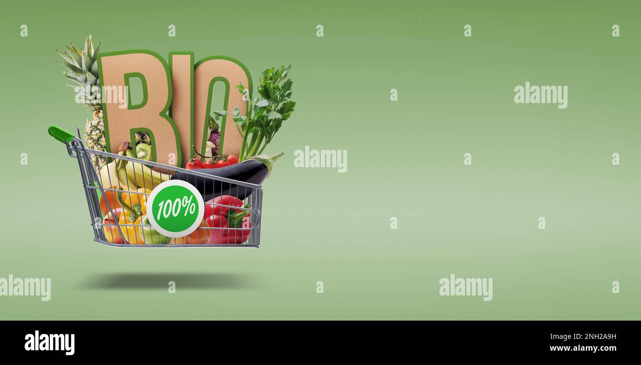 Flying shopping cart full of delicious fresh vegetables and fruits ...