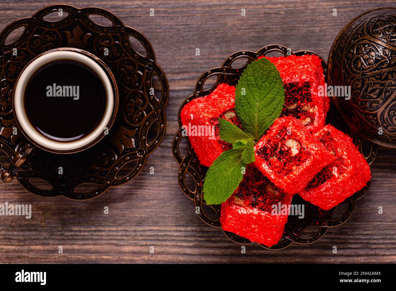 Turkish Delight and Traditional Turkish Coffee. Top view Stock Photo ...
