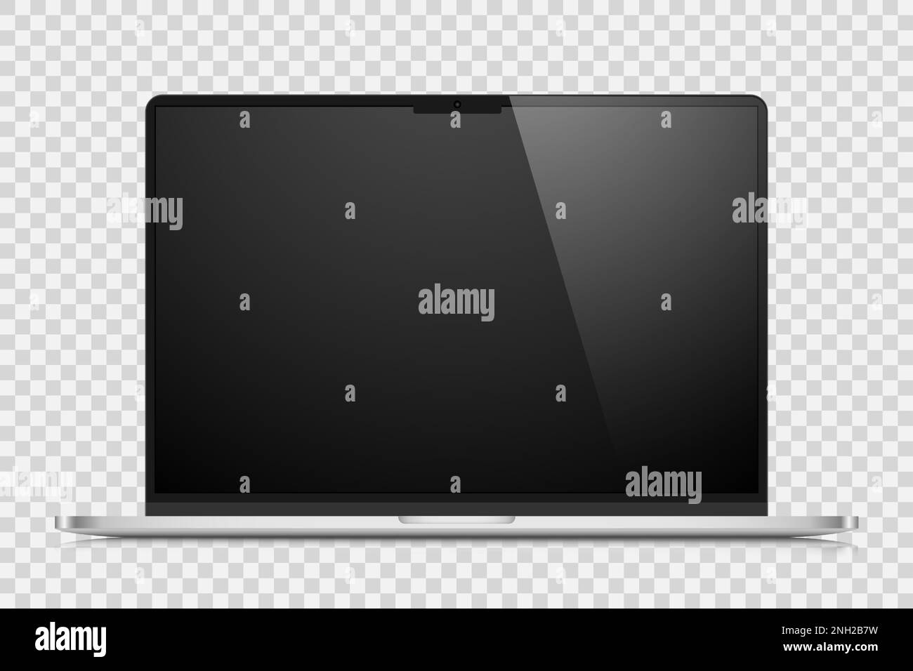 A mock-up laptop with a black screen and a glare on a transparent ...