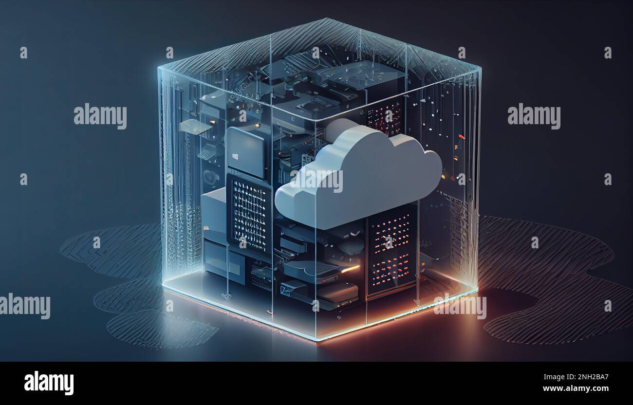 Cloud computing concept, server hardware storage with virtual connections, data flow and ...