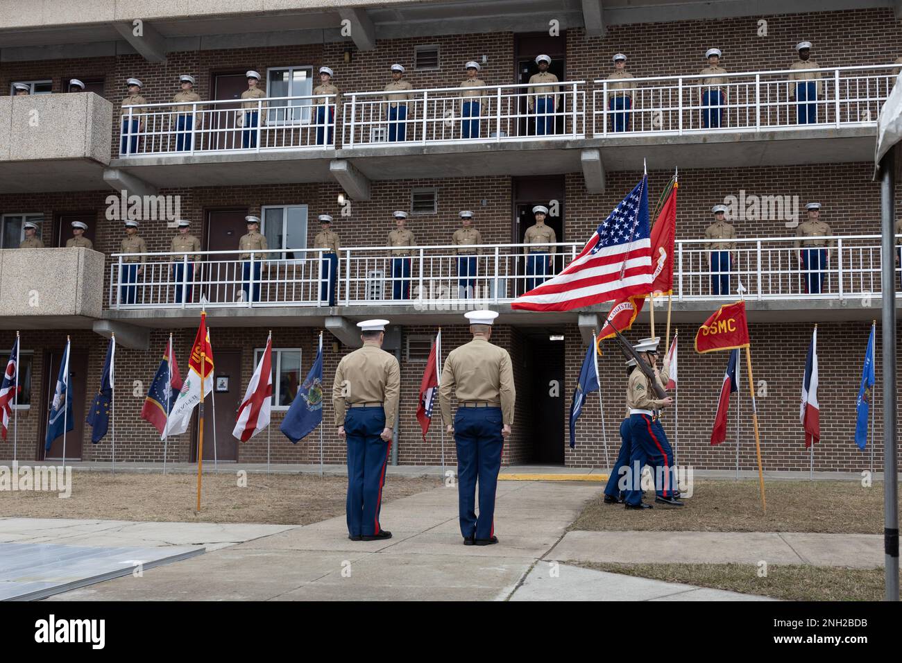U.S. Marines with the Combat Logistics Battalion 26 color guard march ...
