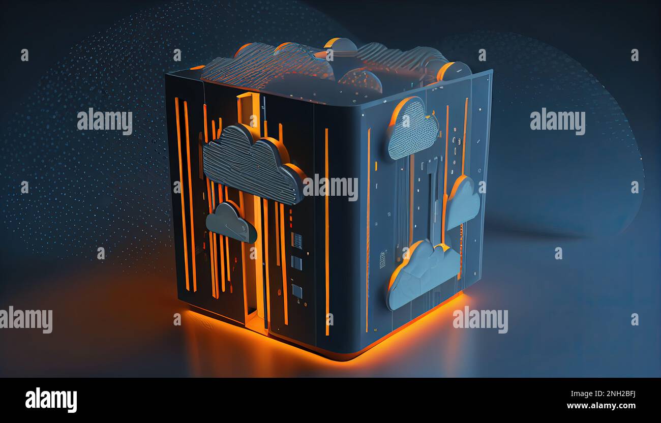Cloud computing concept, server hardware storage with virtual connections, data flow and ...
