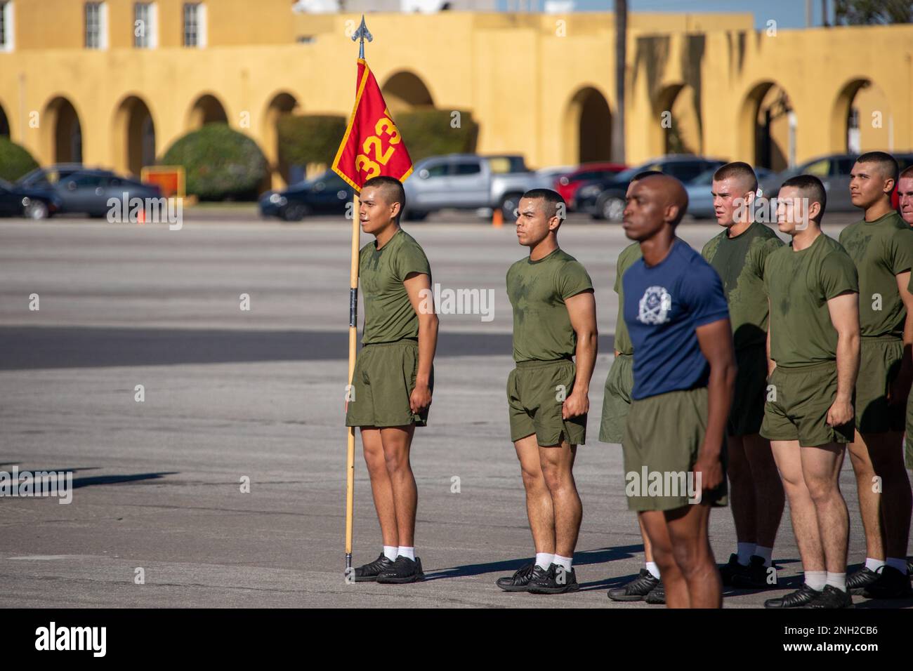 U.S. Marines with Kilo Company, 3rd Recruit Training Battalion, stand ...