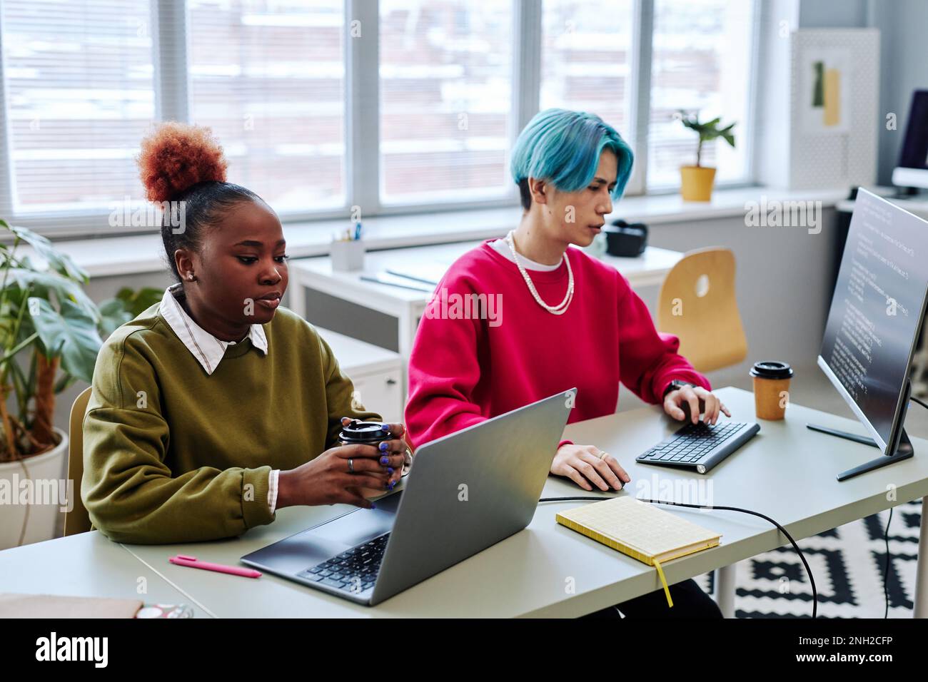 Portrait of two gen Z young people using computers while developing ...