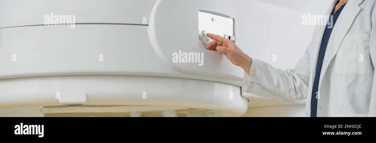 Close up of patient is ready to do magnetic resonance imaging MRI or CT ...