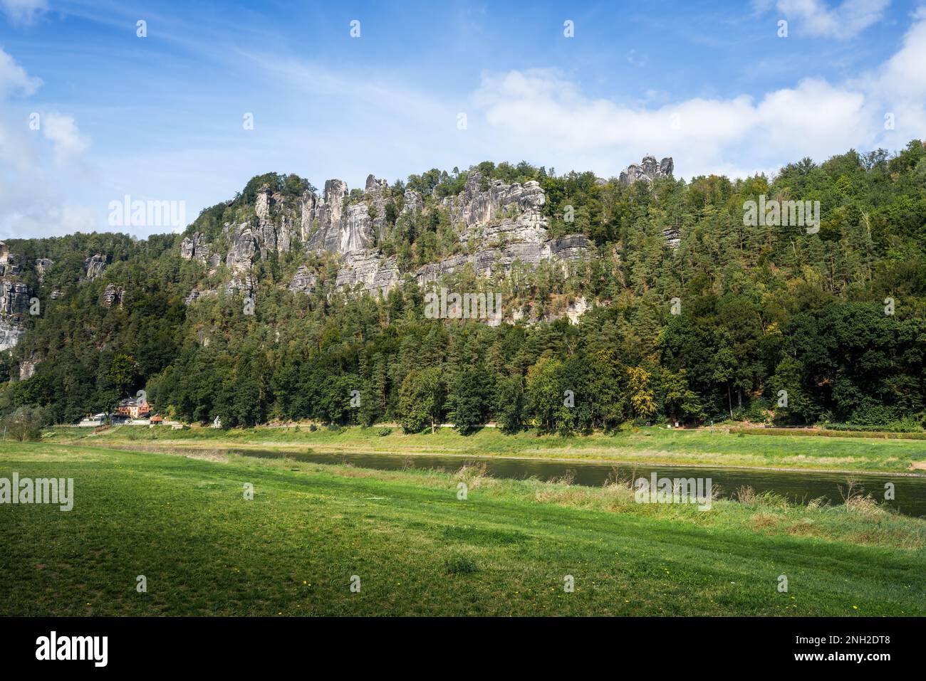 Elbe sandstone mountains at Rathen near Bastei Bridge (Basteibrucke ...