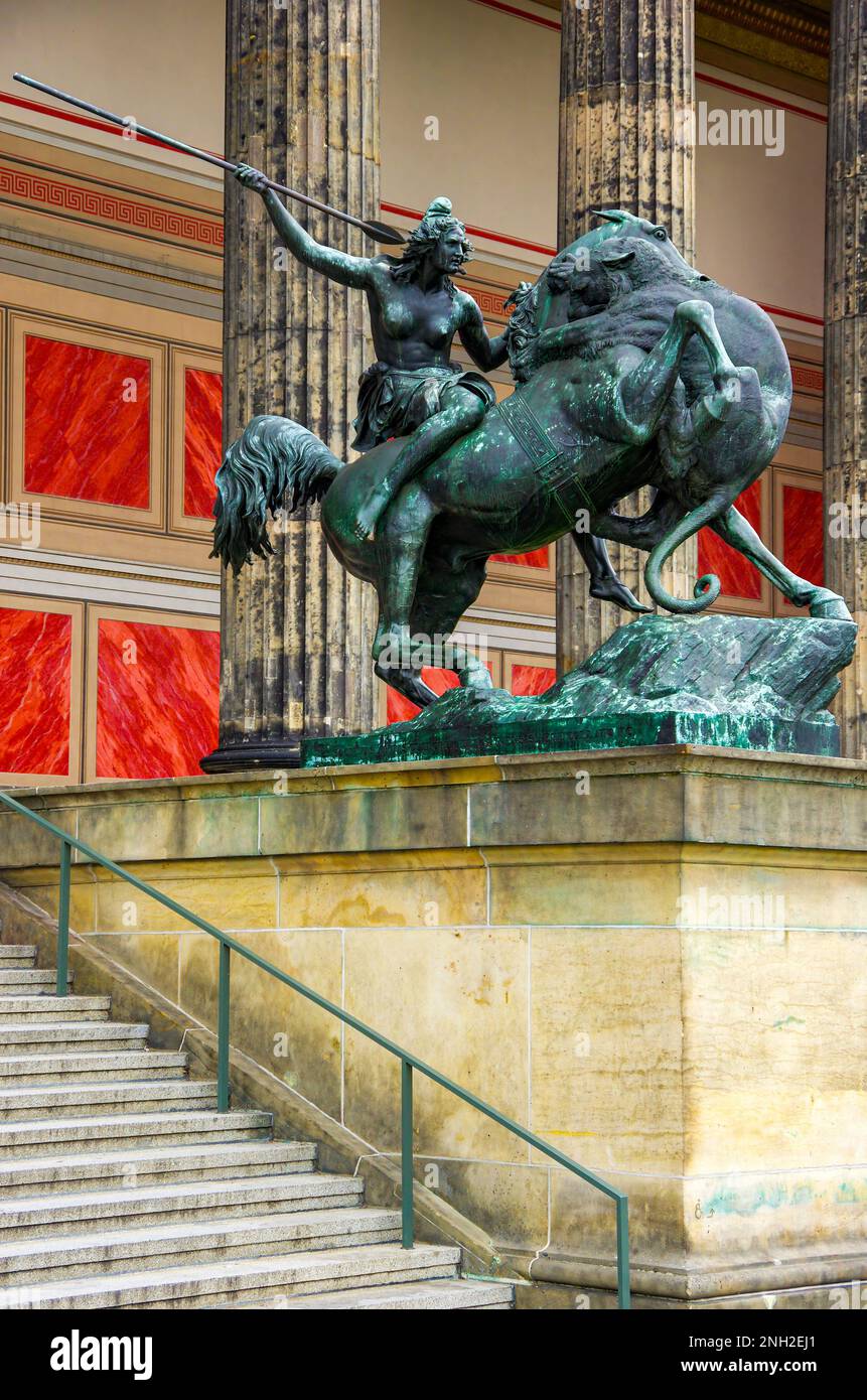 Bronze sculpture of a mounted amazon, equestrian statue Amazone zu Pferde, created by August ...