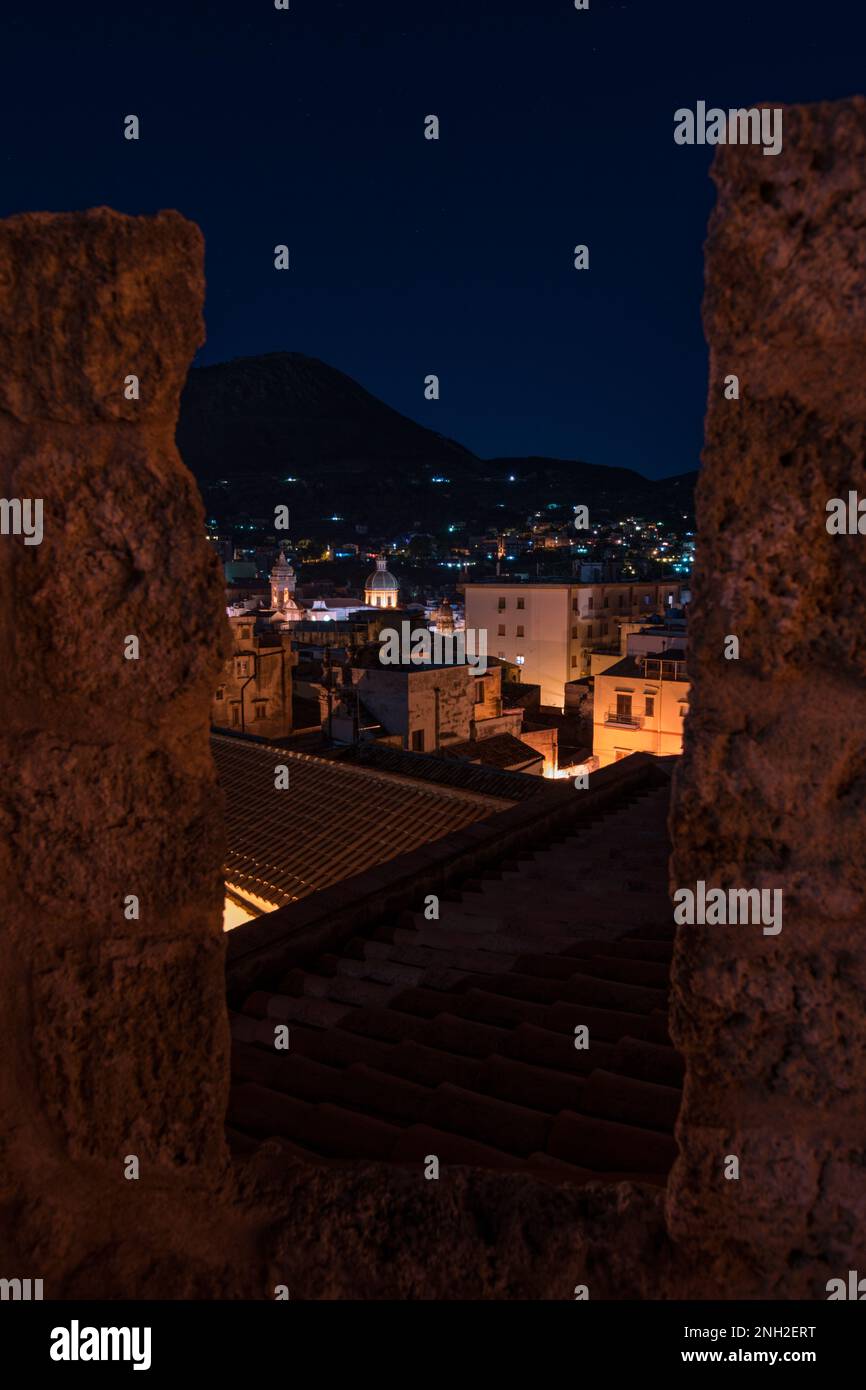 Night view of Carini town from a window of the La Grua-Talamanca castle ...
