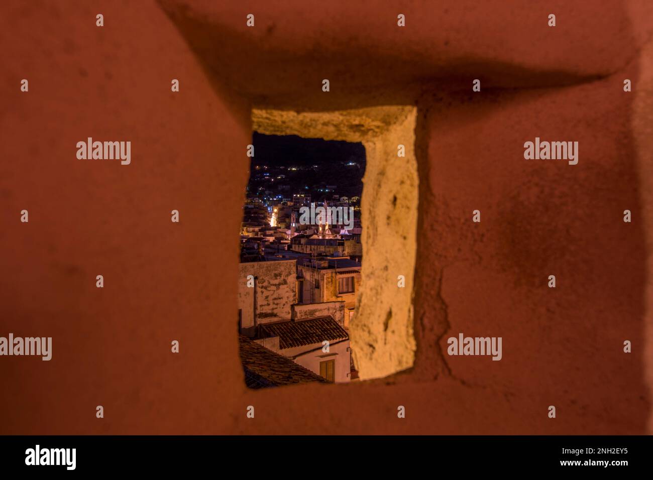 Night view of Carini town from a window of the La Grua-Talamanca castle ...