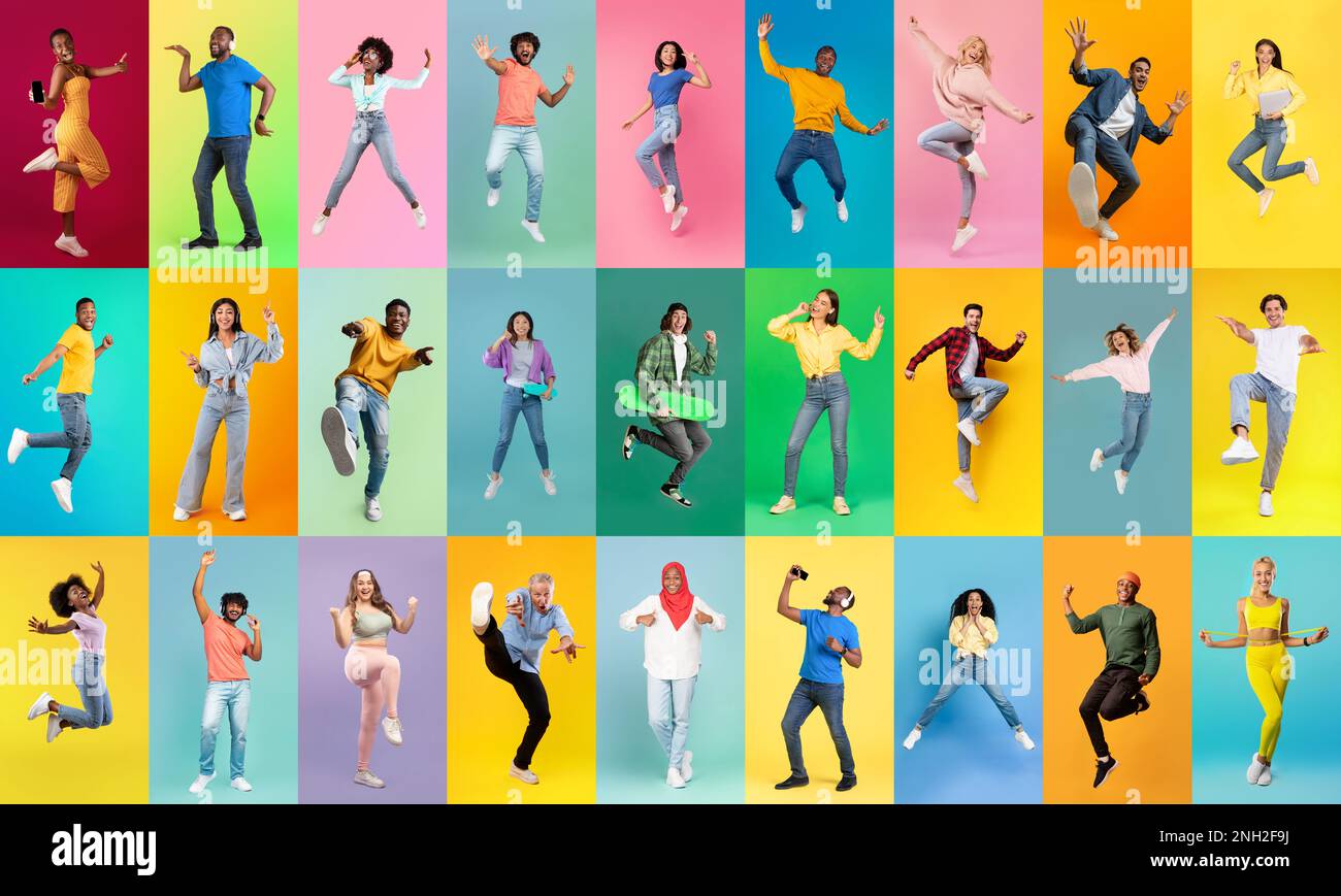 Happy Emotions. Group Of Cheerful Multiethnic People Posing Over ...