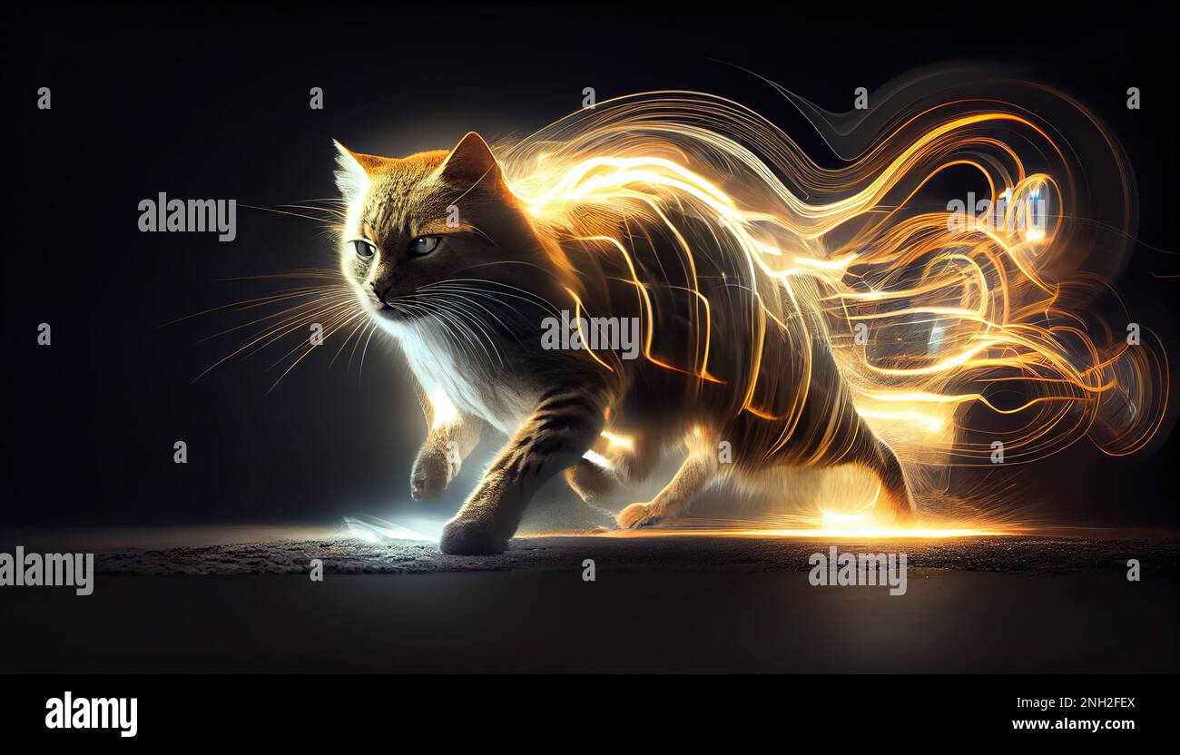 Cat running at night street, light trails Stock Photo - Alamy