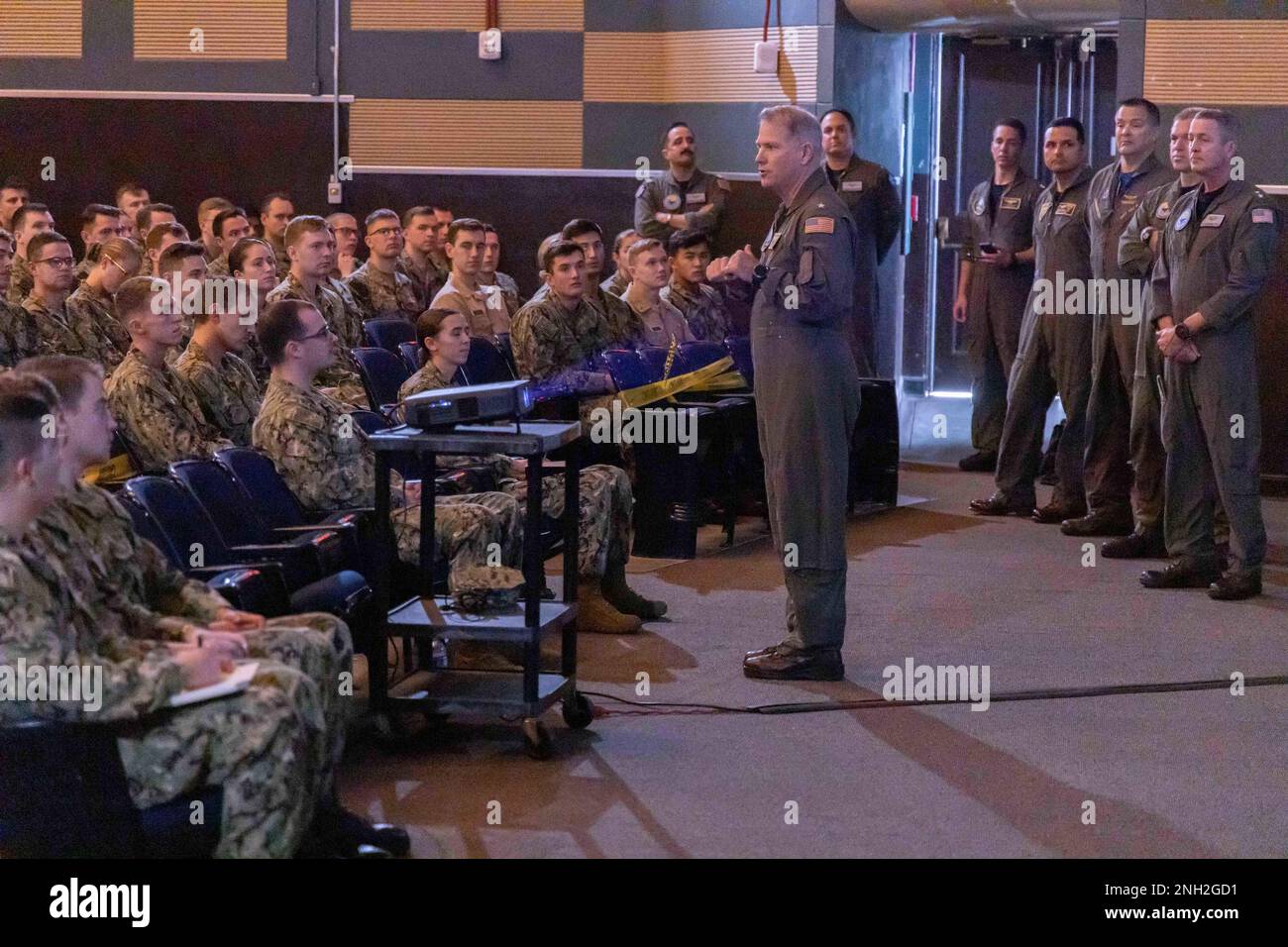 Rear Adm. Rich Brophy, Chief of Naval Air Training (CNATRA), speaks to ...