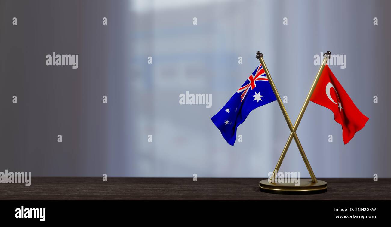 Australia and turkey flags on table. Negotiation between Australia and ...