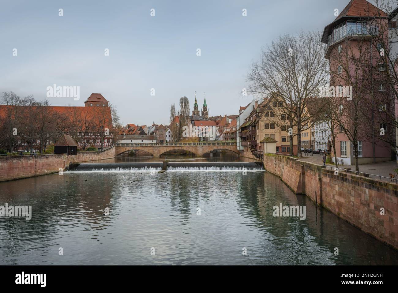 Pegnitz River view with Maxbrucke Bridge and city skyline - Nuremberg ...