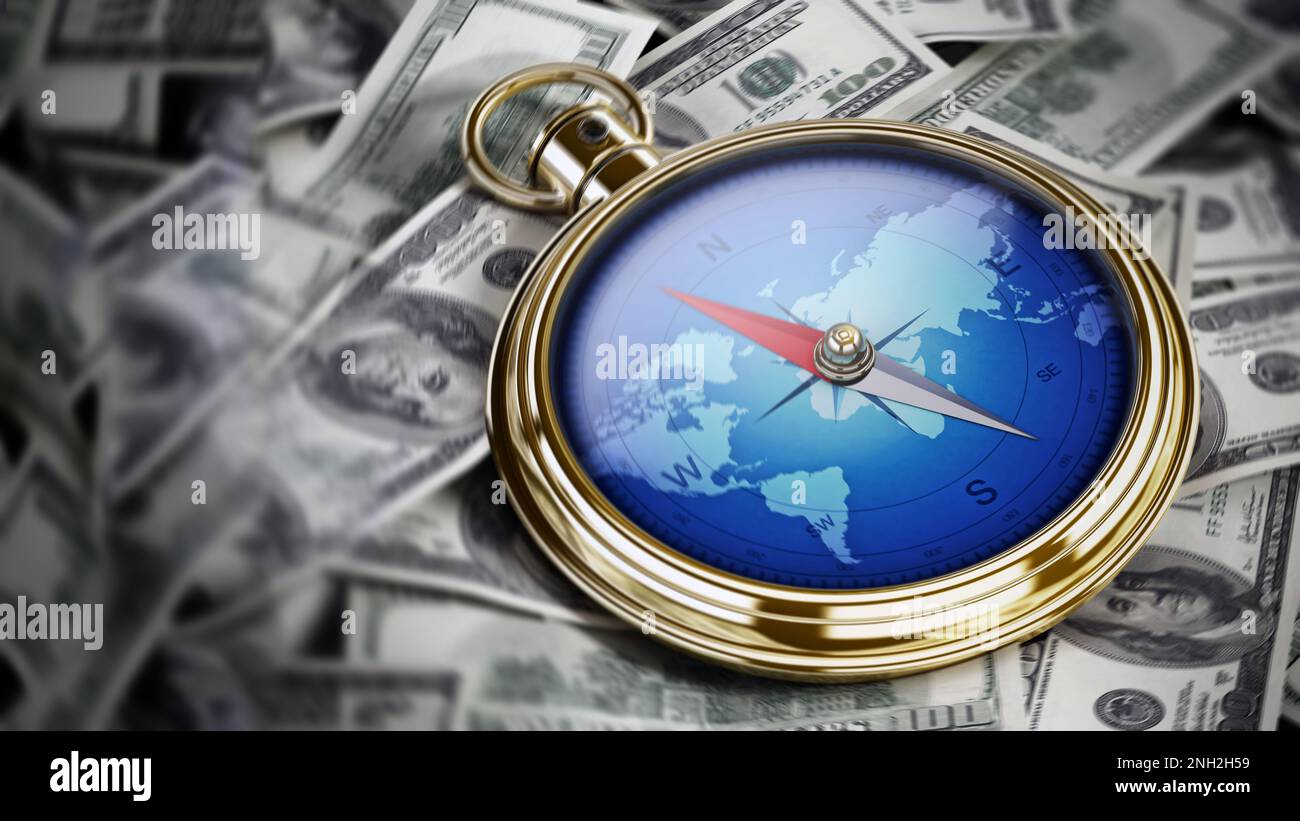 Direction of the money concept with compass on dollar pile. 3D ...