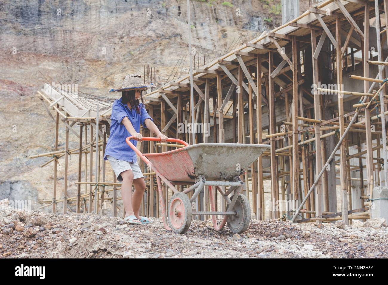 Poor children working at construction site against children labour ...