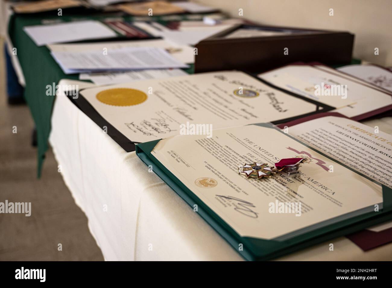 A series of command awards sit ready during a U.S. Army Medical ...